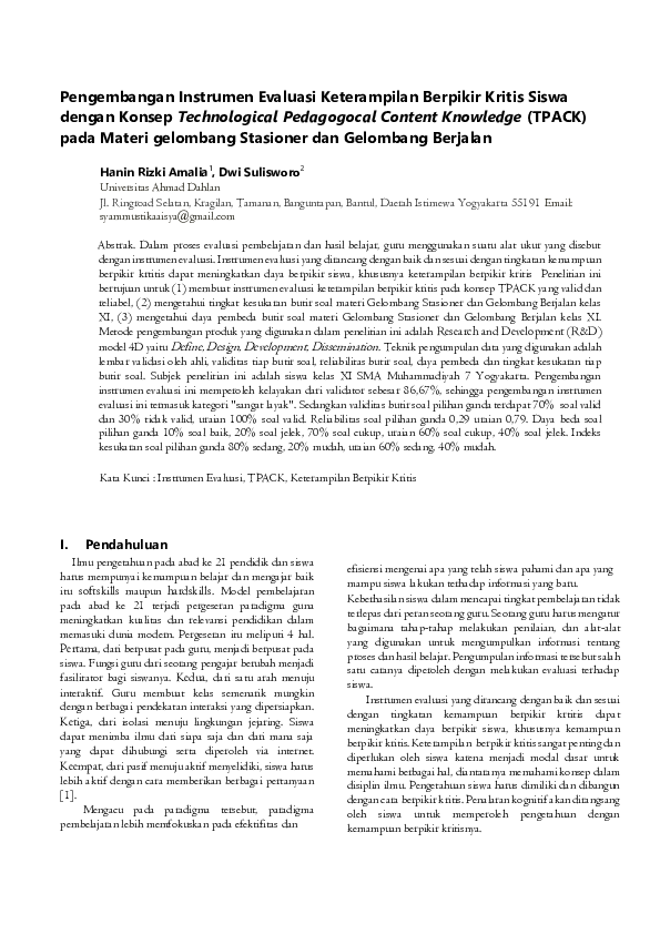 (PDF) Pengembangan Instrumen Evaluasi Keterampilan Berpikir Kritis Siswa dengan Konsep ...
