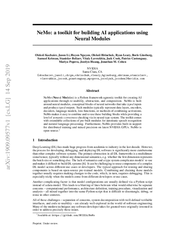 (PDF) NeMo: a toolkit for building AI applications using Neural Modules
