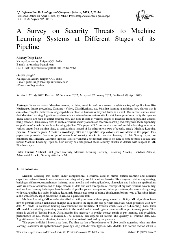 (PDF) A Survey on Security Threats to Machine Learning Systems at Different Stages of its Pipeline