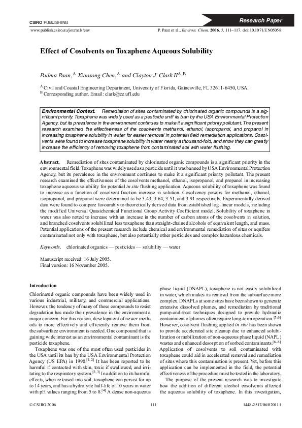 (PDF) Effect of Cosolvents on Toxaphene Aqueous Solubility