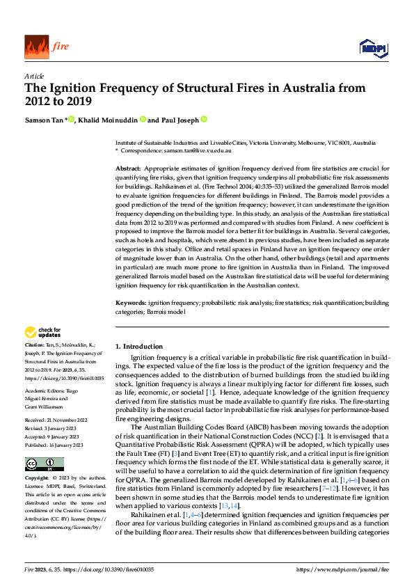(PDF) The Ignition Frequency of Structural Fires in Australia from 2012 ...