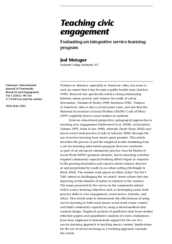 (PDF) Teaching civic engagement: Evaluating an integrative service-learning program