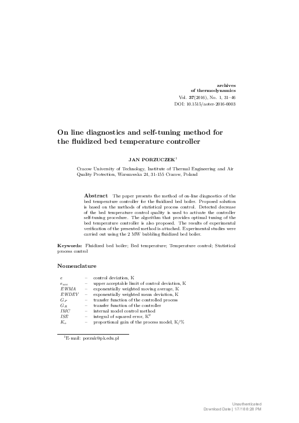 (PDF) On line diagnostics and self-tuning method for the fluidized bed temperature controller ...