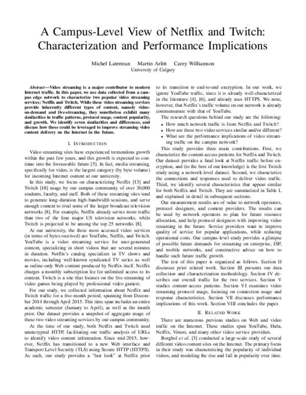 (PDF) A campus-level view of Netflix and Twitch: Characterization and performance implications