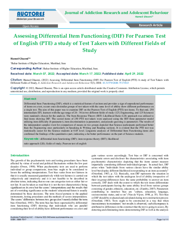 (PDF) Assessing Differential Item Functioning (DIF) For Pearson Test of ...