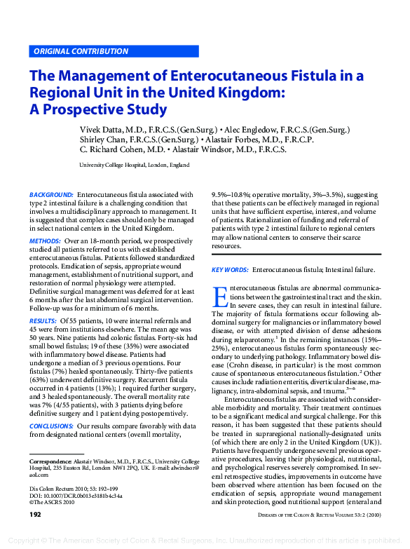 (PDF) The Management of Enterocutaneous Fistula in a Regional Unit in ...