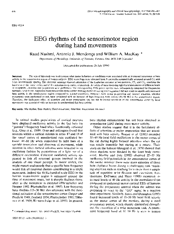 (PDF) EEG rhythms of the sensorimotor region during hand movements