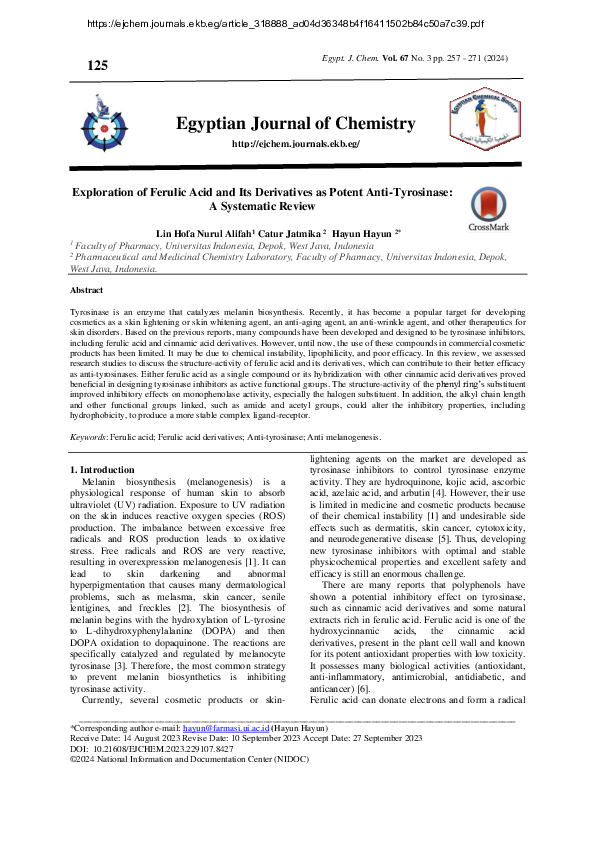 (PDF) Exploration of Ferulic Acid and Its Derivatives as Potent Anti-Tyrosinase: A Systematic Review