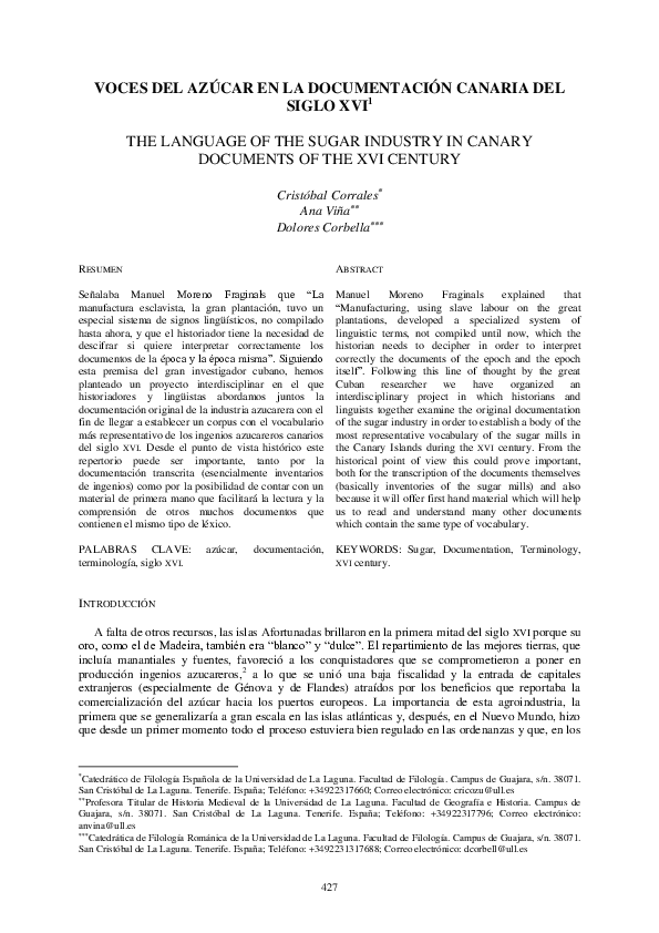 (PDF) Voces del azúcar en la documentación canaria del siglo XVI / The language of the sugar ...