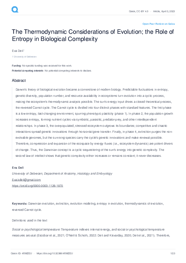 (PDF) The Thermodynamic Considerations of Evolution; the Role of ...