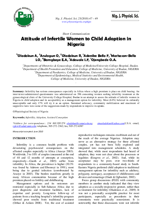 (PDF) Short Communication Attitude of Infertile Women to Child Adoption in Nigeria