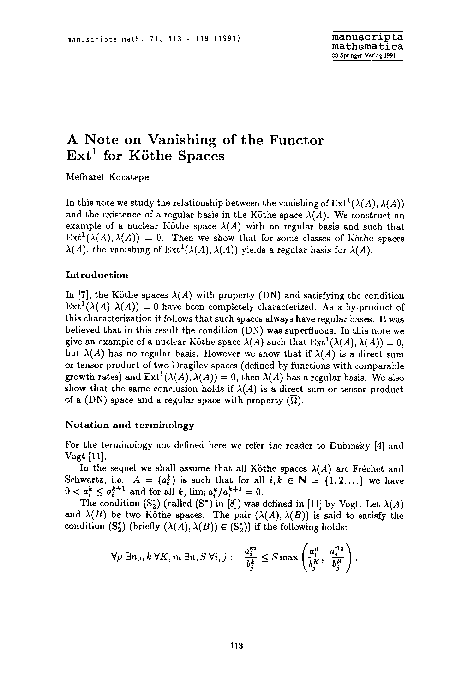 (PDF) A note on vanishing of the functor ext1 for Köthe spaces