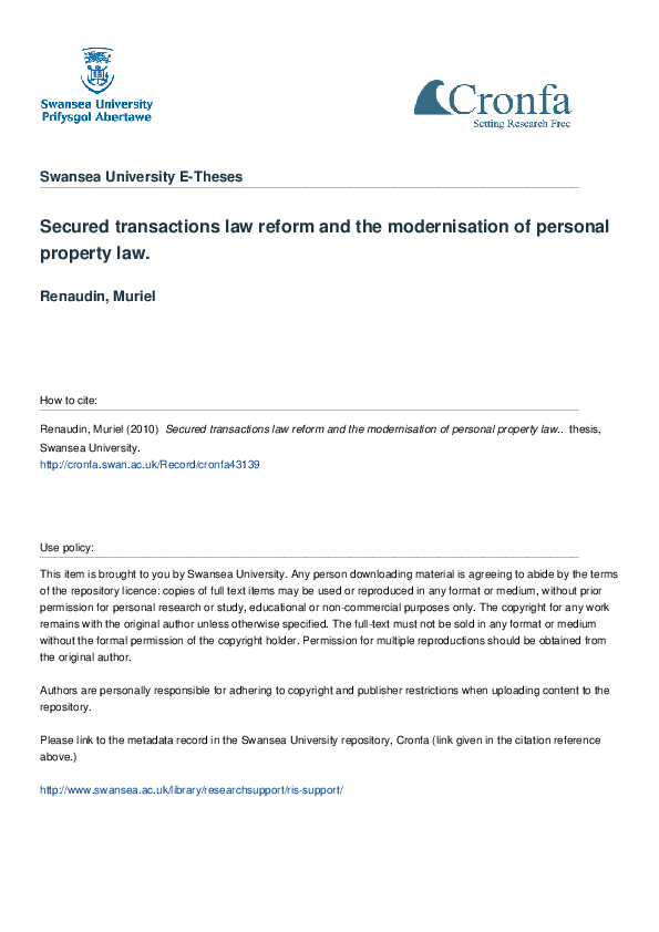 (PDF) Secured transactions law reform and the modernisation of personal property law