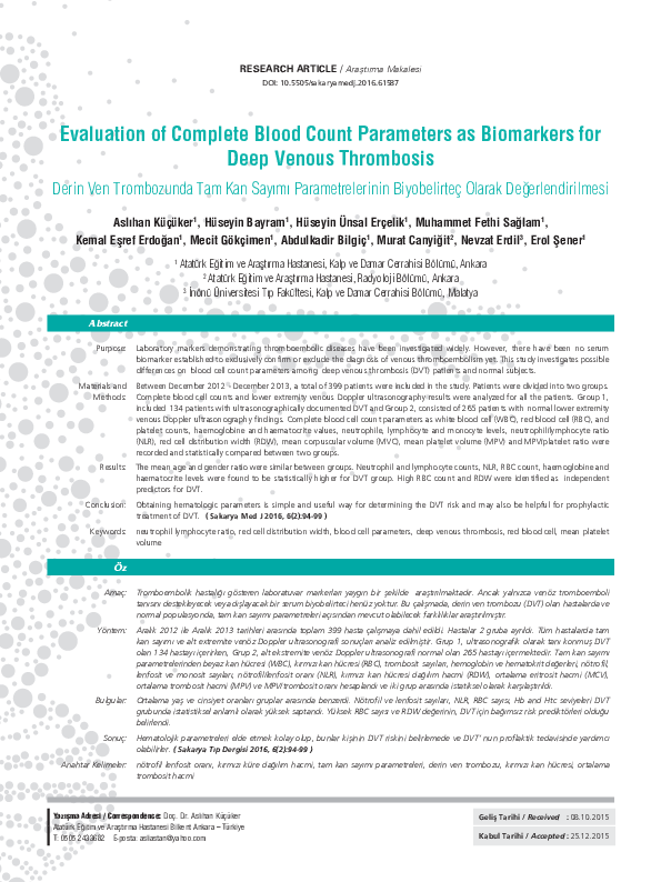 (PDF) Evaluation of Complete Blood Count Parameters as Biomarkers for ...