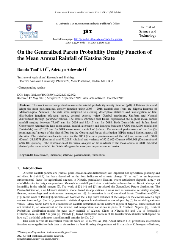 (PDF) On the Generalized Pareto Probability Density Function of the ...