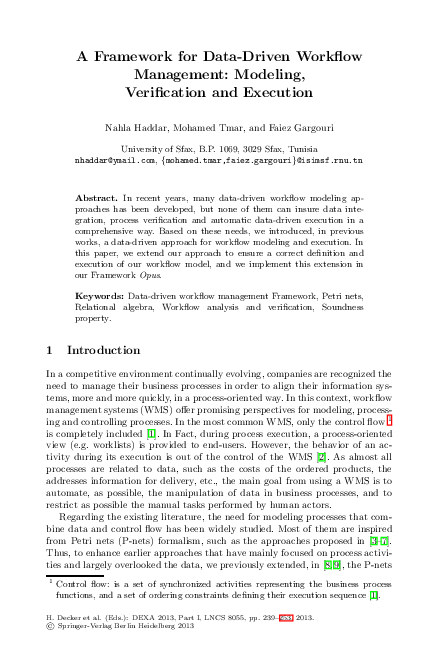 (PDF) A Framework for Data-Driven Workflow Management: Modeling, Verification and Execution