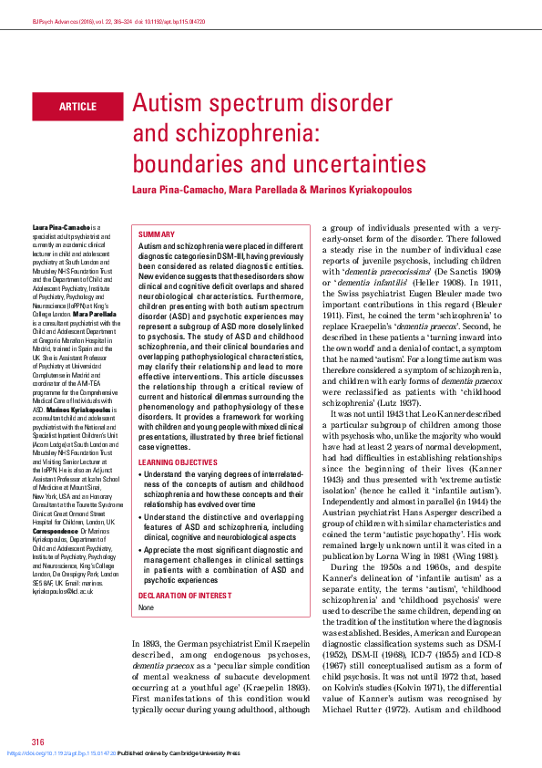 (PDF) Autism spectrum disorder and schizophrenia: boundaries and ...