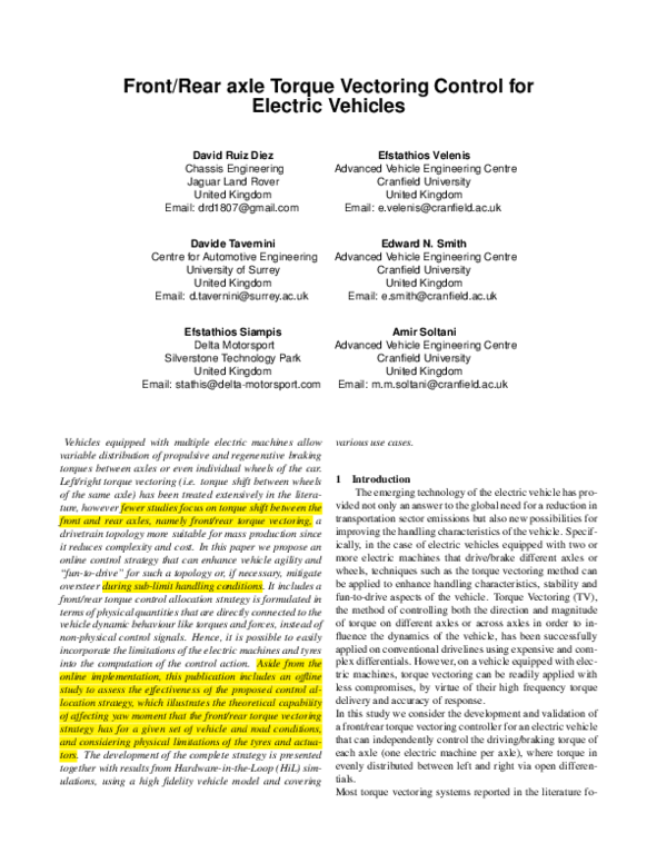 (PDF) Front/Rear Axle Torque Vectoring Control for Electric Vehicles
