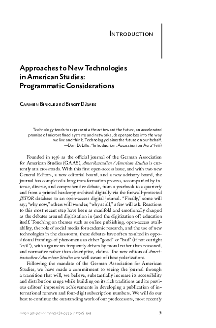(PDF) Introduction: Approaches to New Technologies in American Studies: Programmatic Considerations