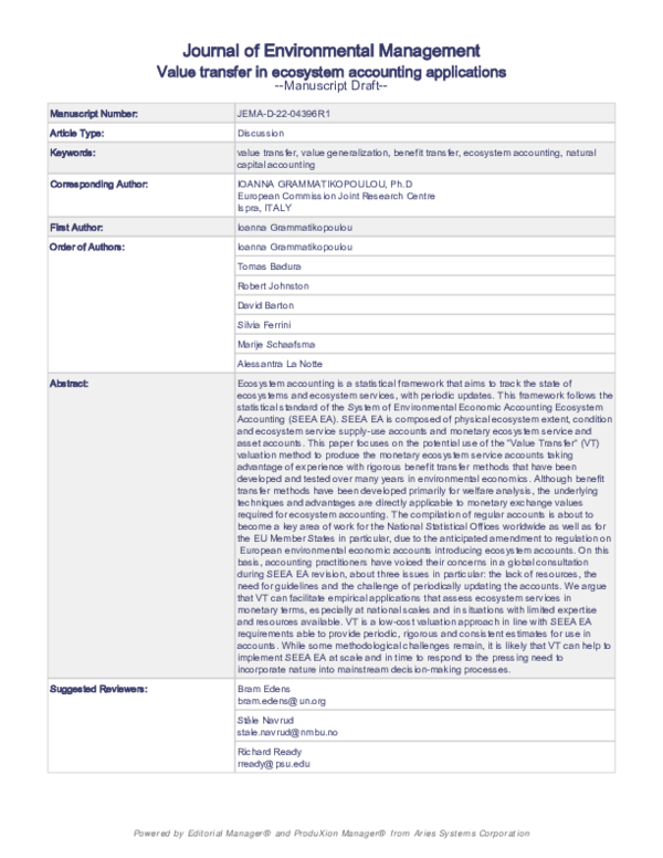 (PDF) Value transfer in ecosystem accounting applications