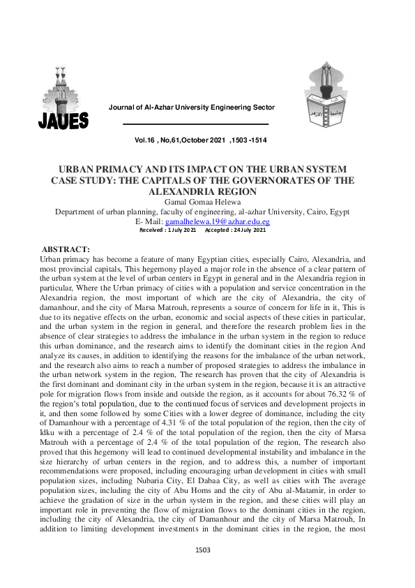 (PDF) Urban Primacy and Its Impact on the Urban System Case Study: The ...
