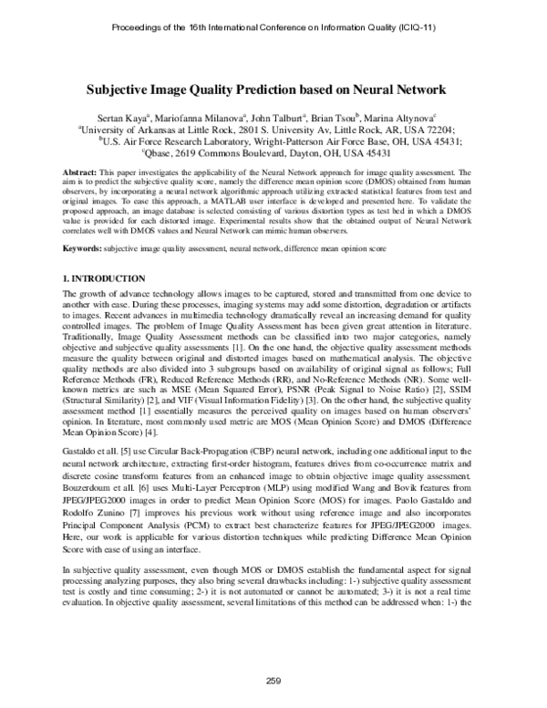 (PDF) Subjective image quality prediction based on neural network