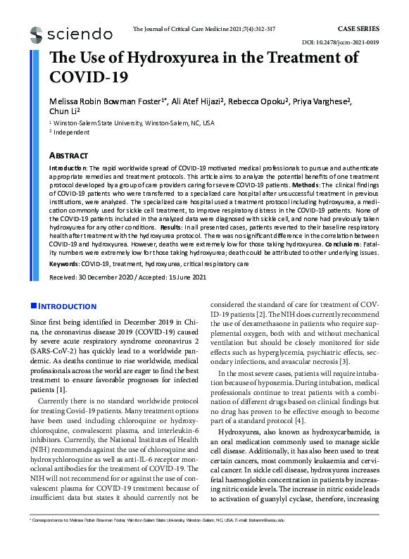 (PDF) The Use of Hydroxyurea in the Treatment of COVID-19 | Melissa ...