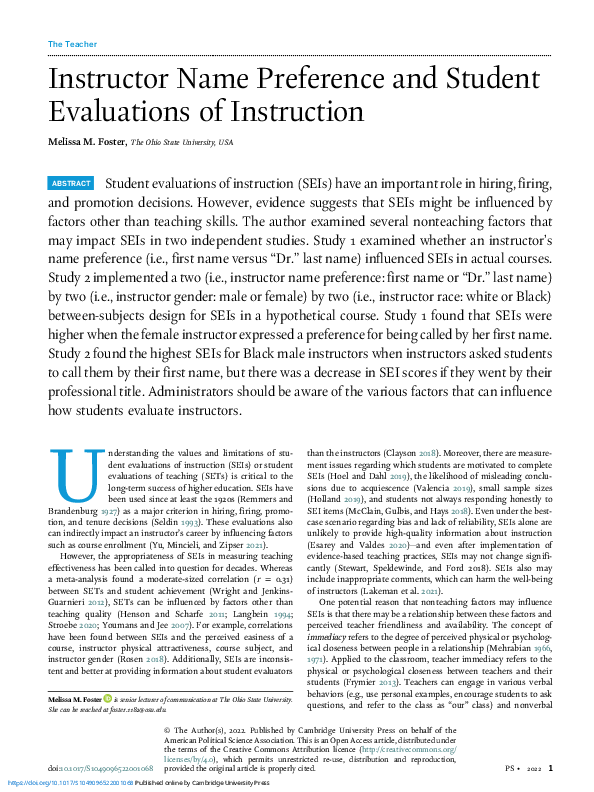 (PDF) Instructor Name Preference and Student Evaluations of Instruction