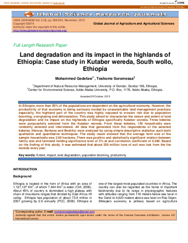 (PDF) Land degradation and its impact in the highlands of Ethiopia ...