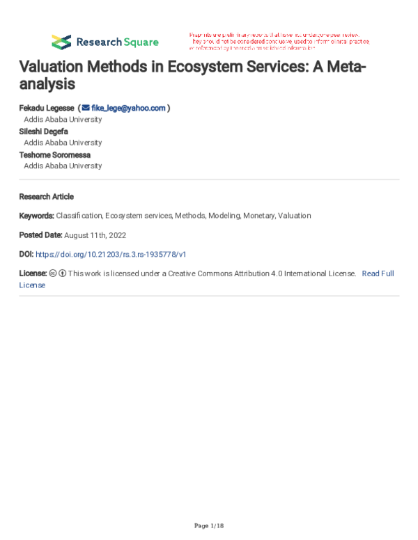 (PDF) Valuation Methods in Ecosystem Services: A Meta-analysis
