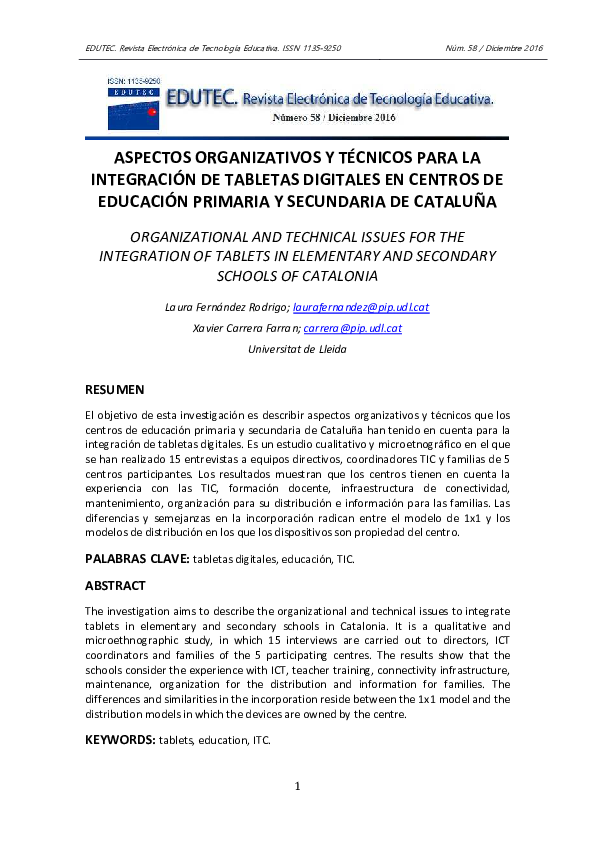 (PDF) Aspectos organizativos y técnicos para la integración de tabletas digitales en centros de ...