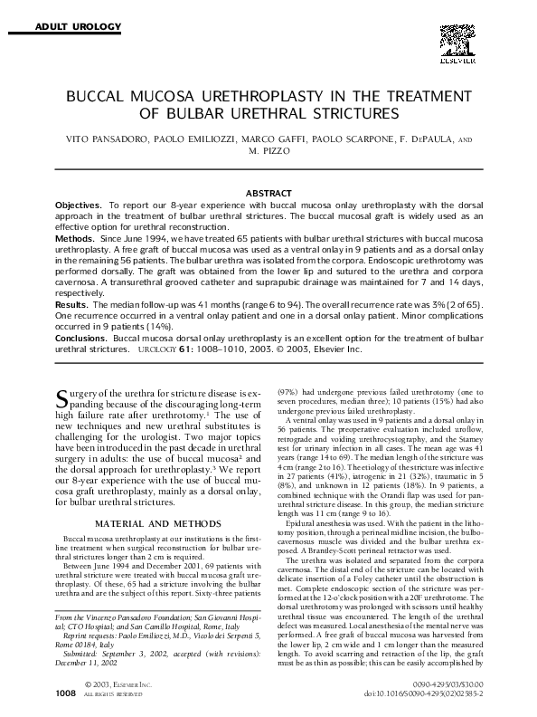 (PDF) Buccal Mucosa Urethroplasty in the Treatment of Bulbar Urethral ...