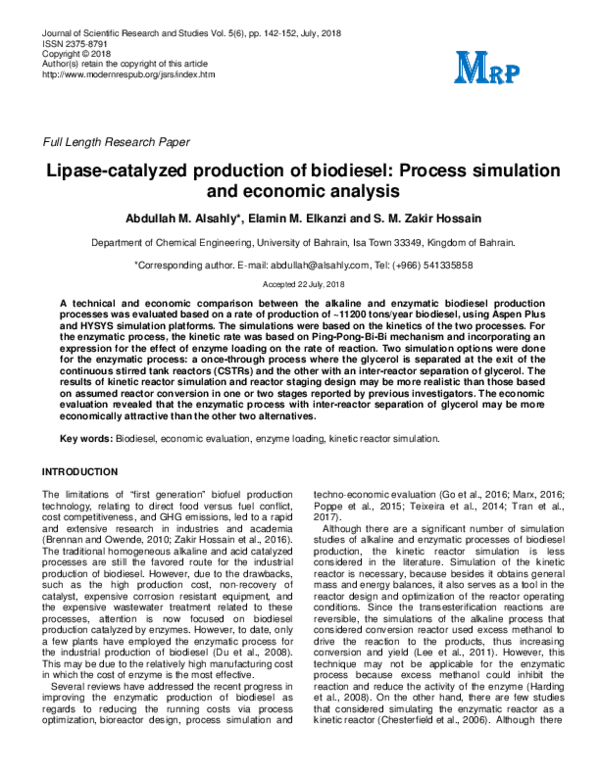 (PDF) Lipase-catalyzed production of biodiesel: Process simulation and ...