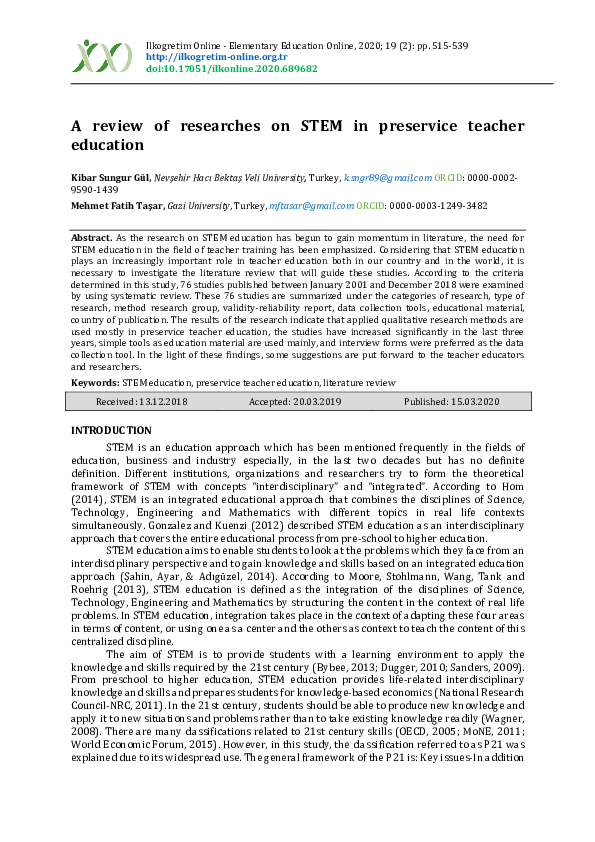 (PDF) A review of research on STEM in preservice teacher education