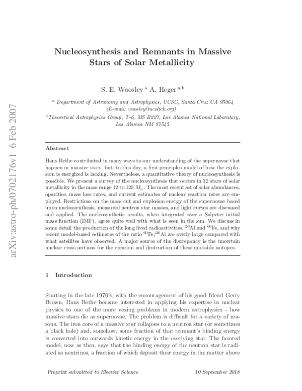 (PDF) Nucleosynthesis and remnants in massive stars of solar metallicity