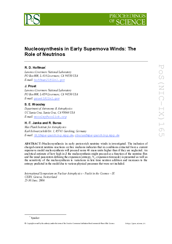(PDF) Nucleosynthesis in Early Proton-rich Supernova Winds