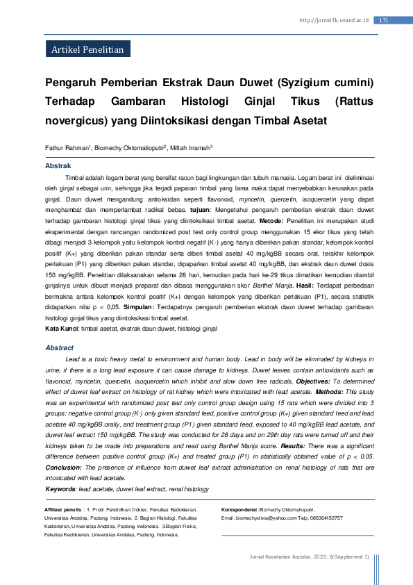 (PDF) Pengaruh Pemberian Ekstrak Daun Duwet (Syzigium cumini) Terhadap ...