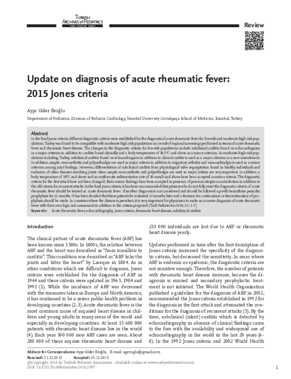 (PDF) Update on diagnosis of acute rheumatic fever: 2015 Jones criteria