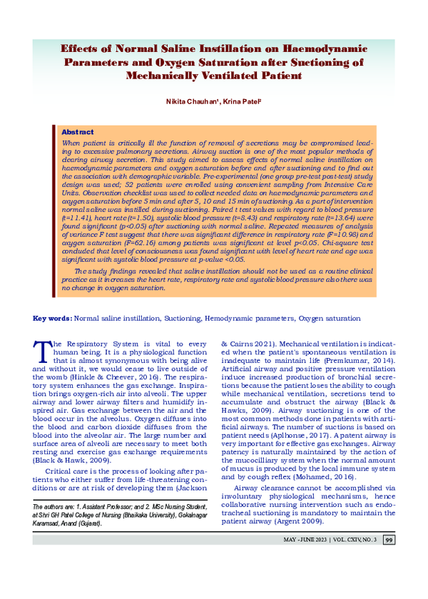 (PDF) Effects of Normal Saline Instillation on Haemodynamic Parameters ...