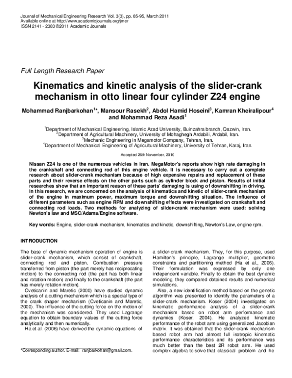 (PDF) Kinematics and Kinetic Analysis of the Slider-Crank Mechanism in Otto Linear Four Cylinder ...