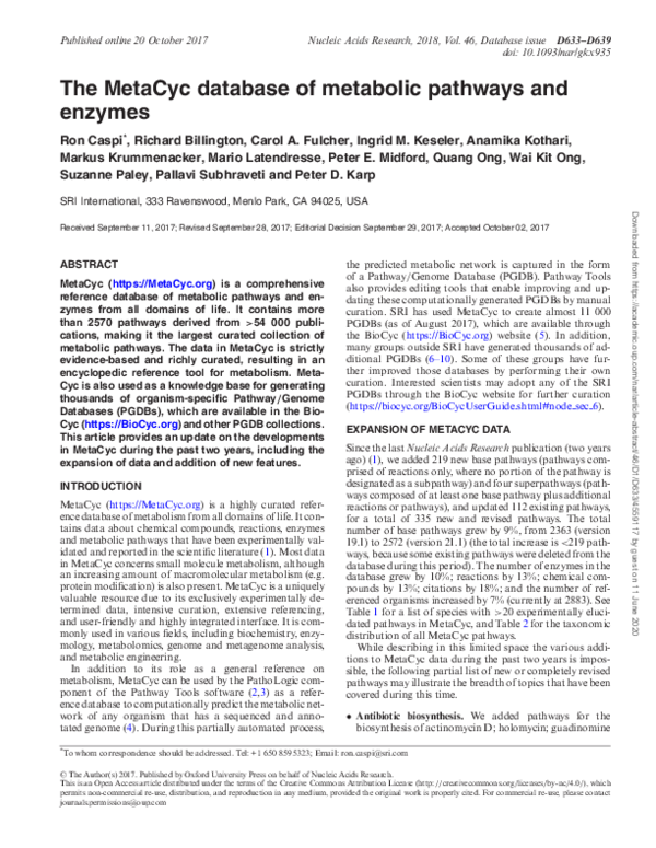 (PDF) The MetaCyc database of metabolic pathways and enzymes