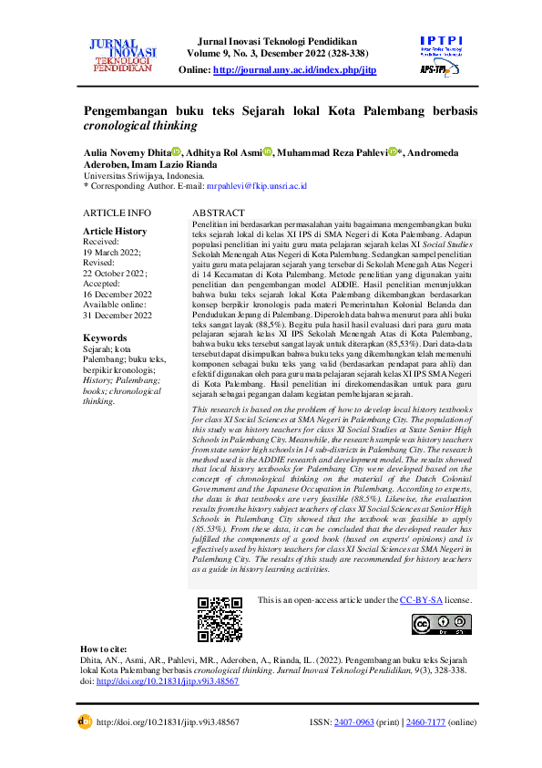 (PDF) Pengembangan buku teks Sejarah lokal Kota Palembang berbasis cronological thinking