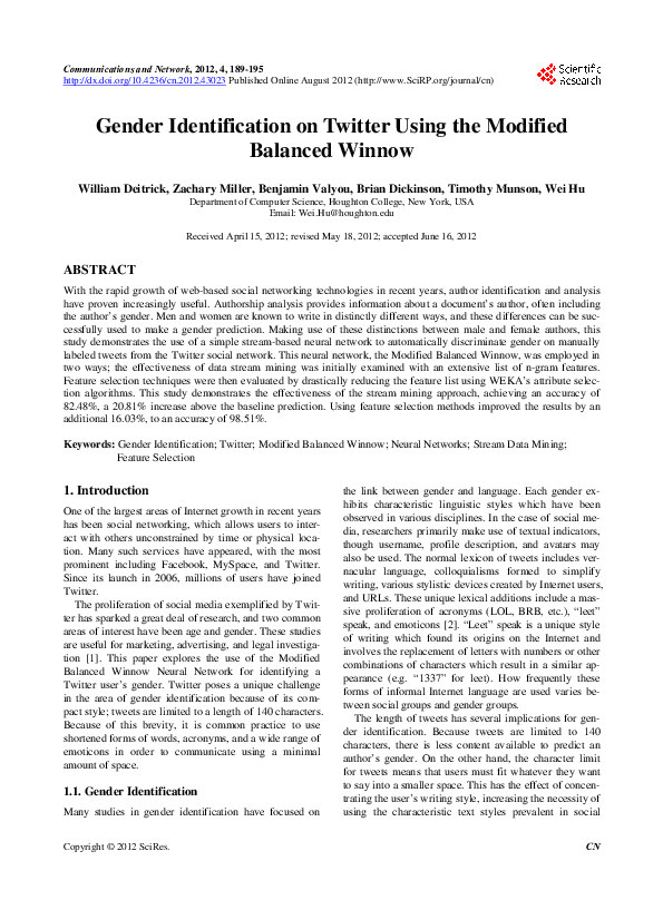 (PDF) Gender Identification on Twitter Using the Modified Balanced Winnow