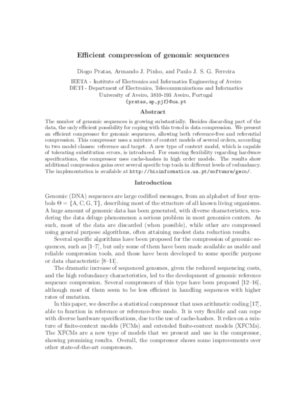 (PDF) Efficient Compression of Genomic Sequences | Diogo Pratas - Academia.edu