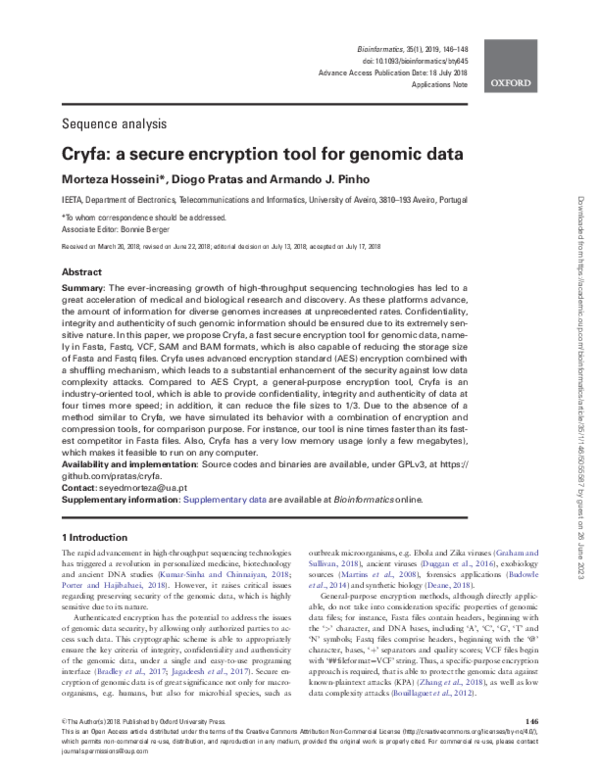 (PDF) Cryfa: a secure encryption tool for genomic data