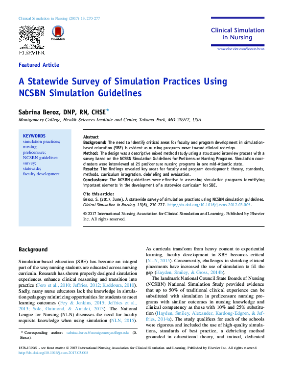 (PDF) A Statewide Survey of Simulation Practices Using NCSBN Simulation Guidelines