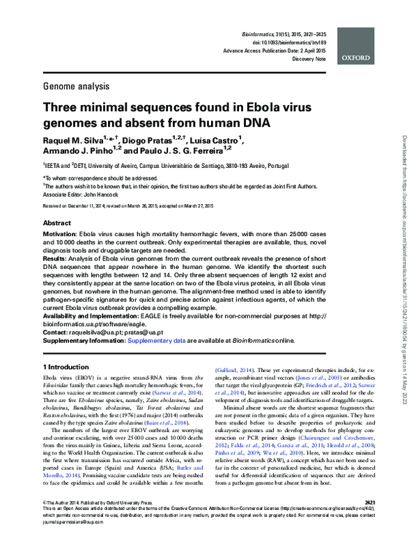 (PDF) Three minimal sequences found in Ebola virus genomes and absent ...