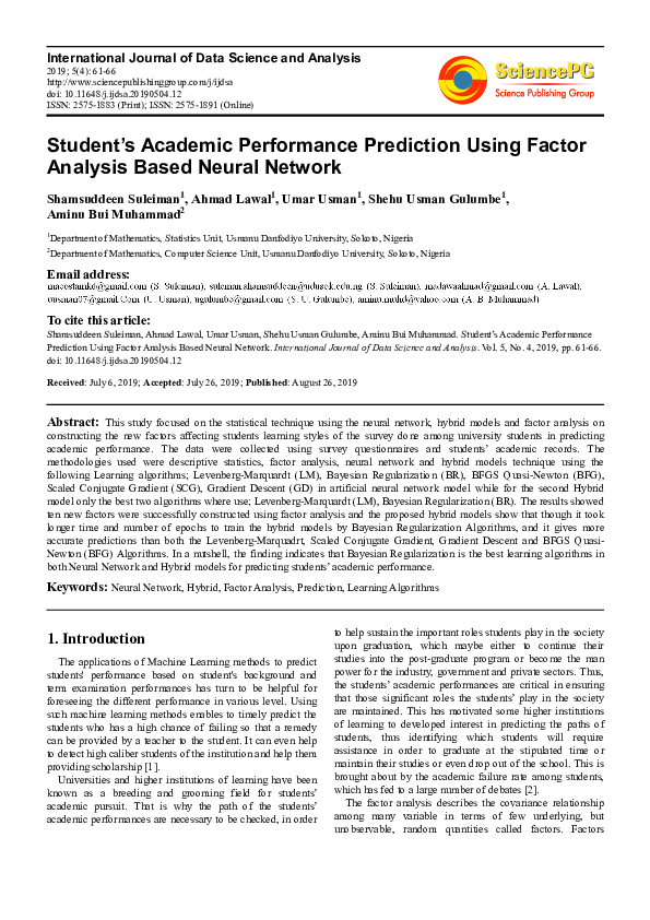 (PDF) Student’s Academic Performance Prediction Using Factor Analysis Based Neural Network