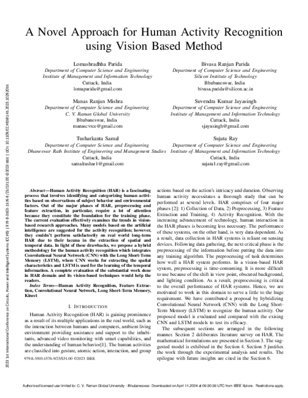 Pdf A Novel Approach For Human Activity Recognition Using Vision