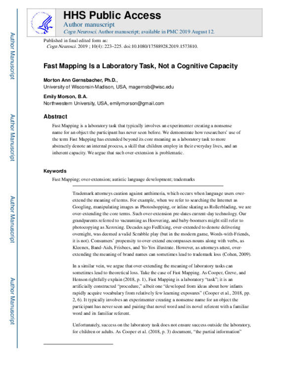 (PDF) Fast mapping is a laboratory task, not a cognitive capacity